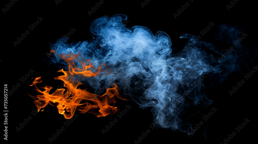 A fire and ice wallpaper with a black background and a red and blue ...