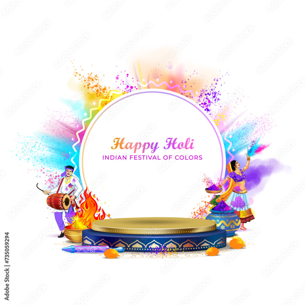 Vecteur Stock Vector Holi poster design with 3d podium, product display ...