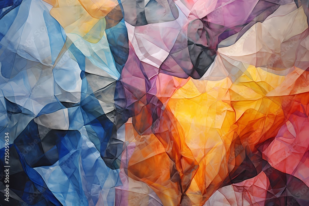 Layers of translucent tissue paper forming a kaleidoscopic collage ...