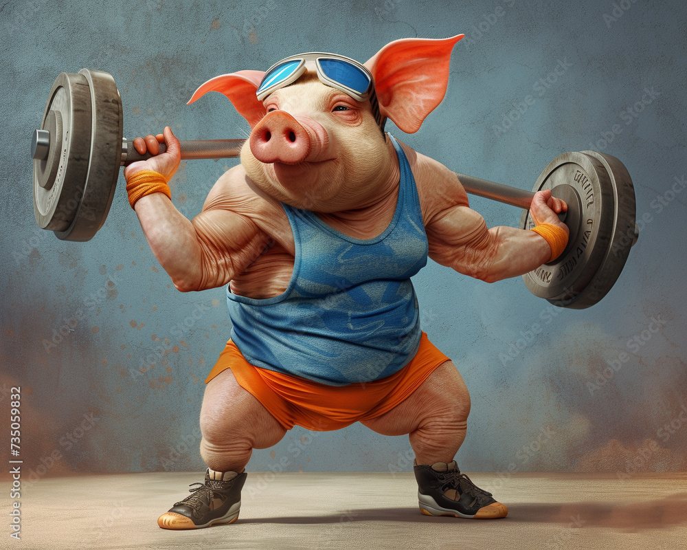 An energetic pig in sports attire lifting heavy dumbbells showcasing ...