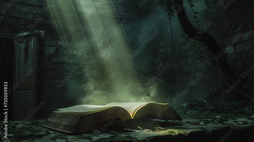 An open book radiating a soft glow its pages a portal to an unknown ...