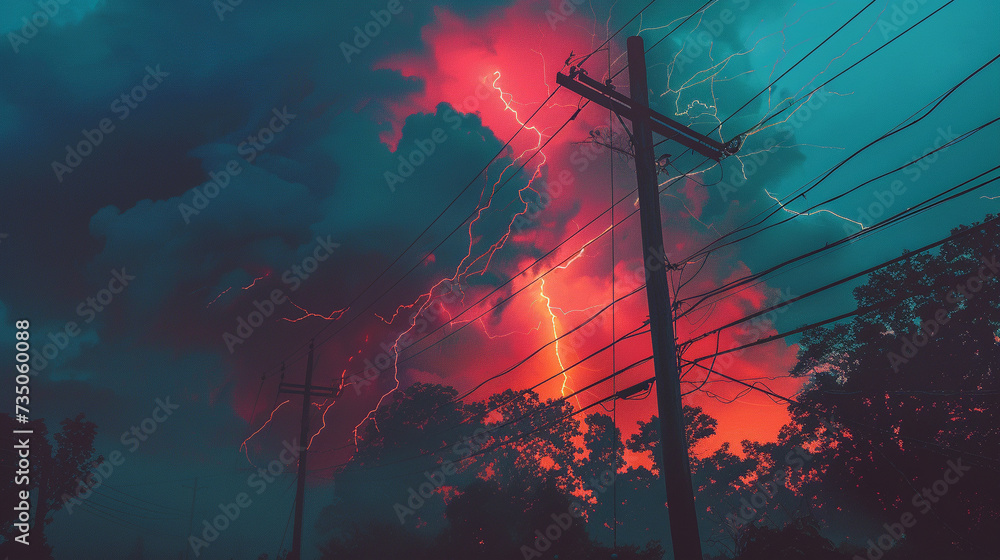 Lightning strikes a high voltage pole illuminating the night with a ...