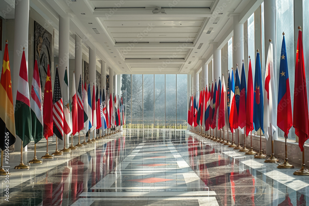The flags of diverse nations line the spacious corridor of a diplomatic building, reflecting the ...
