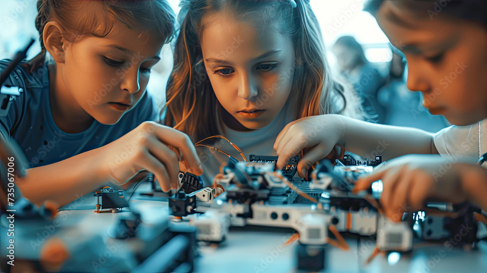 Foto de Elementary School Robotics Classroom: Diverse Group of Children Building and Programming ...