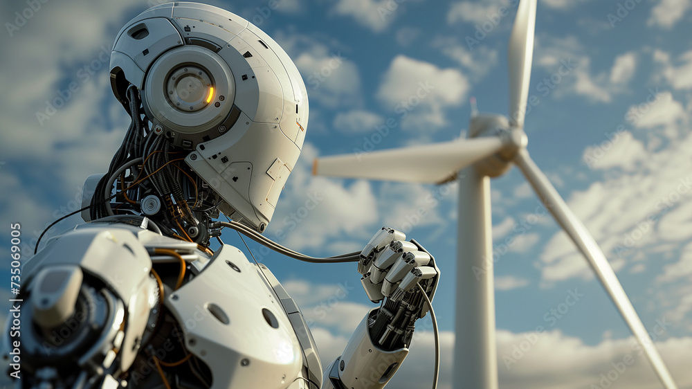 Robots recharging from renewable energy, solar cells and wind turbines ...