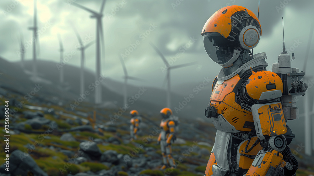 Robots recharging from renewable energy, solar cells and wind turbines ...