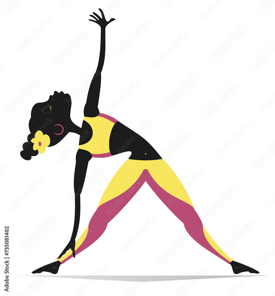 Young African woman with lithe figure doing sport or yoga exercises ...