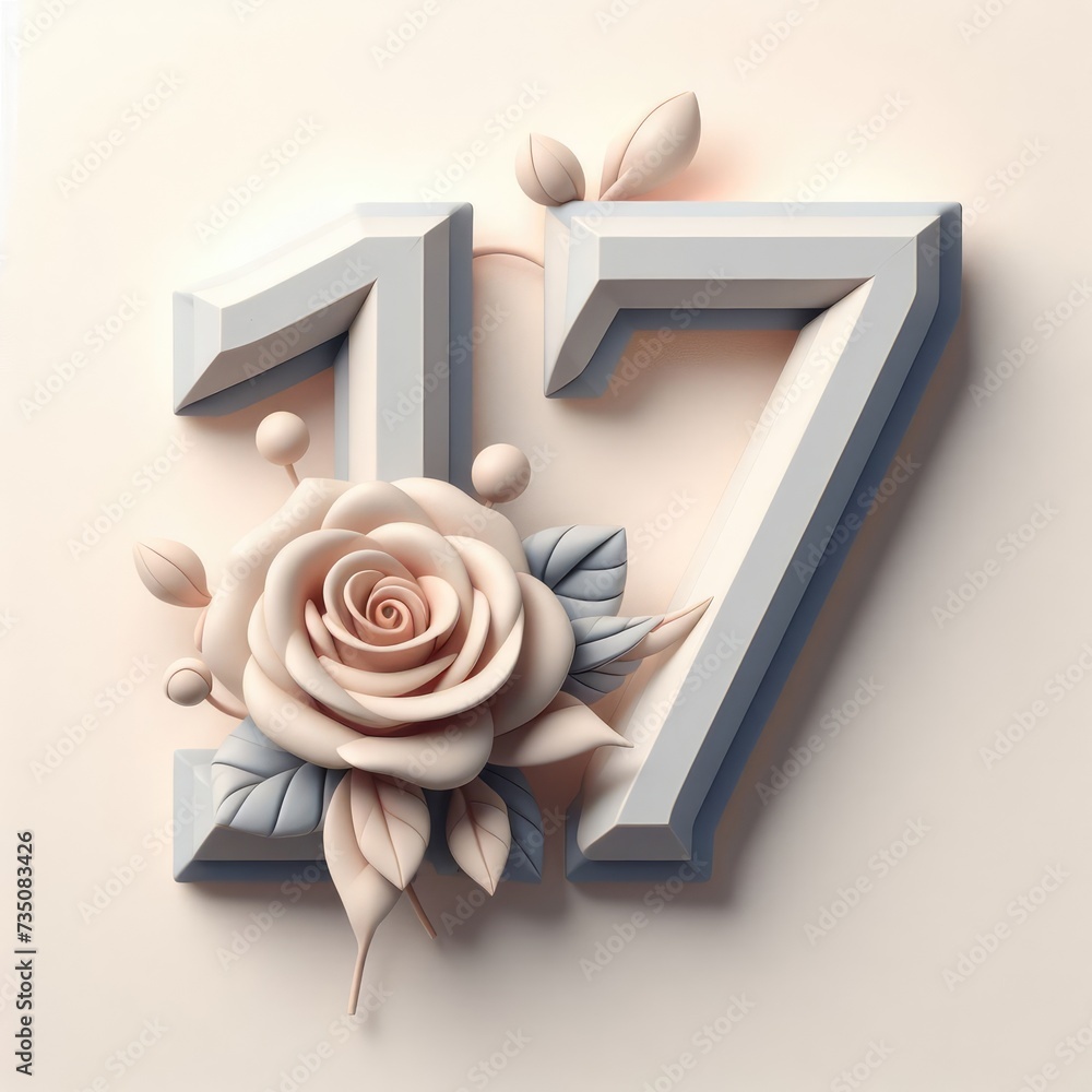 Romantic style number seventeen with rose text design. 3D minimalist ...