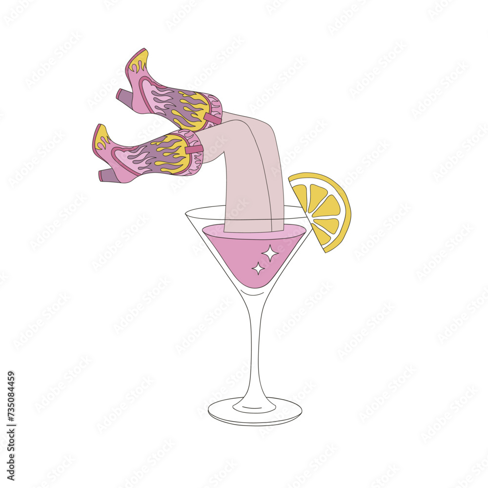 Groovy cosmopolitan cocktail with woman legs in cowgirl shoes inside ...