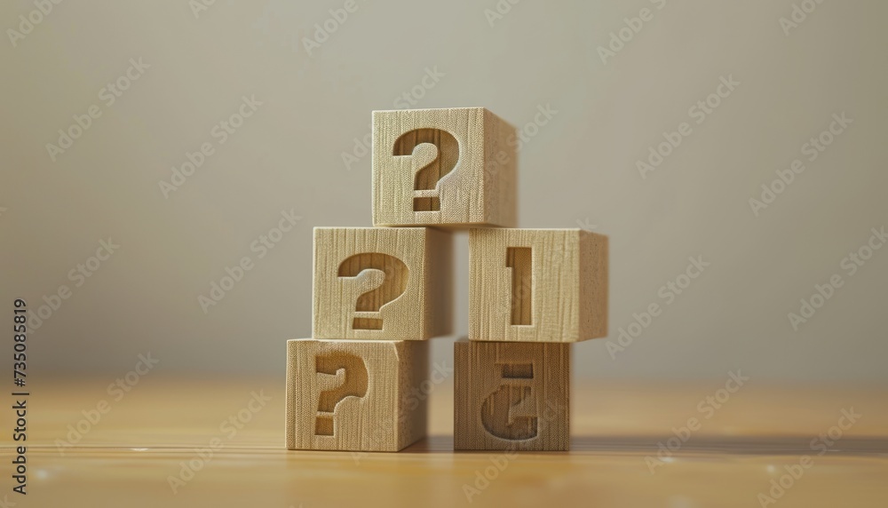 Three plastic bricks are stacked in threes with question marks on the ...