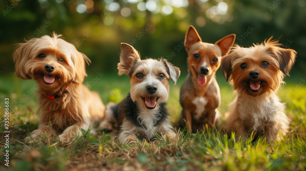 Foto de cute happy the dogs sit side by side on the spring green grass ...