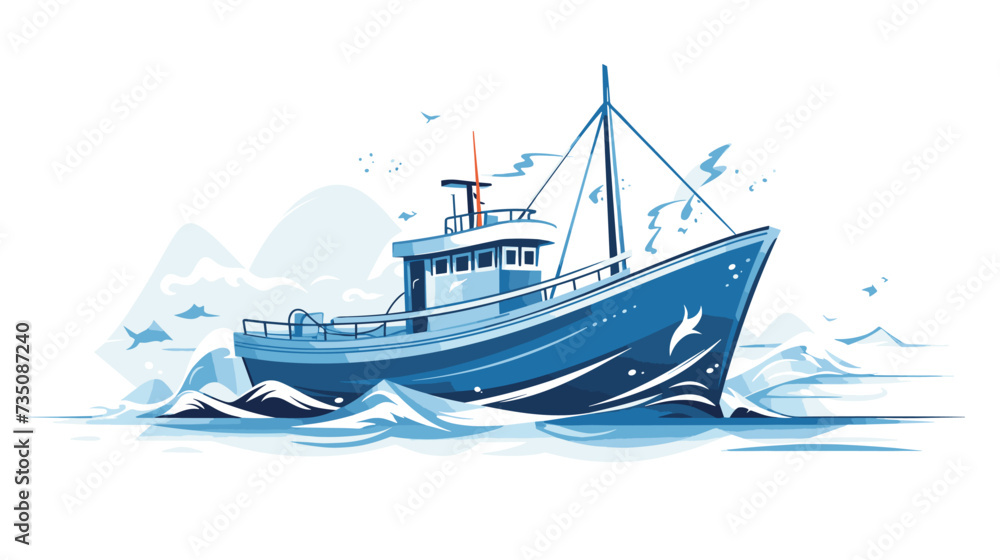 Abstract fishing boat with waves representing aquaculture and fisheries ...