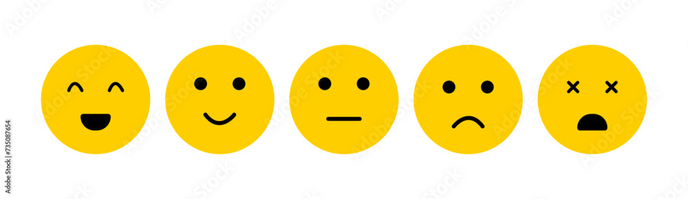 set of yellow rating emoticons, (Very happy-excellent, happy-good ...
