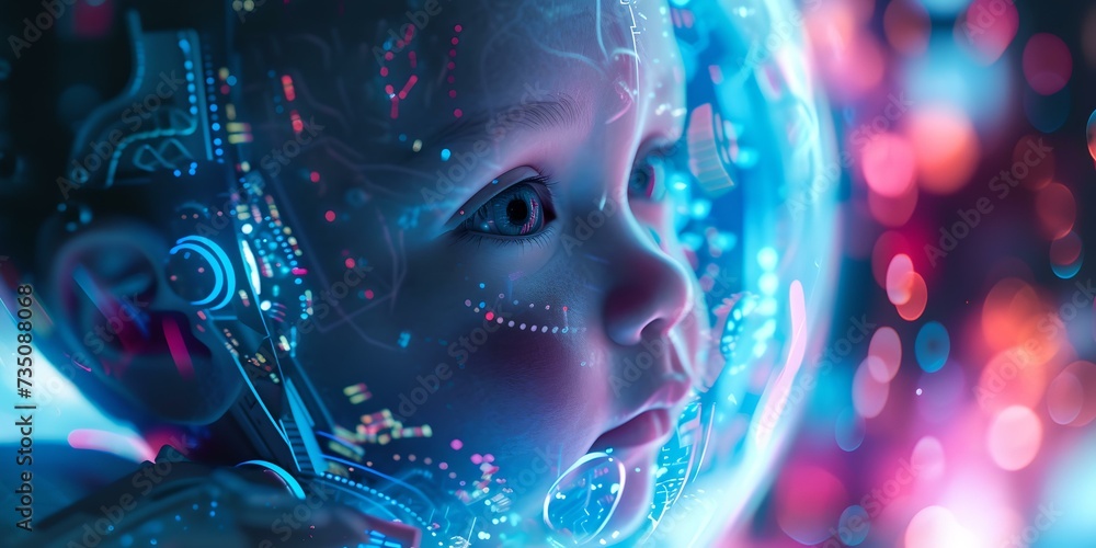 Futuristic child with digital interface surrounding head, concept of AI ...