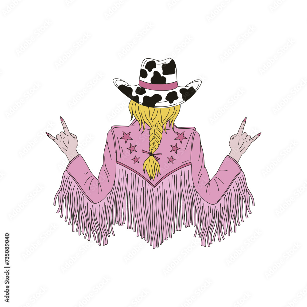 Vetor de Groovy blond cowgirl from the back in a cow spotted hat and ...