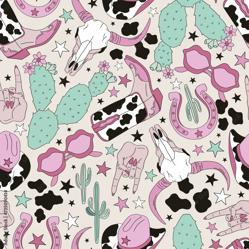 Groovy wild west cowgirl disco party vector seamless pattern. Cow ...