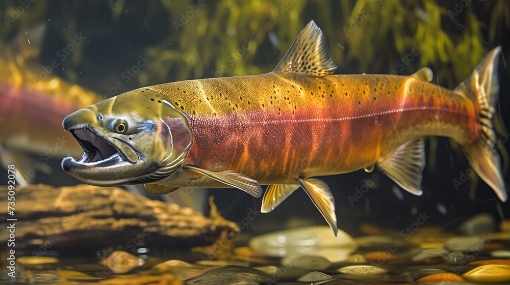 Salmon swimming against river current. Norway.. Salmon in these rivers ...