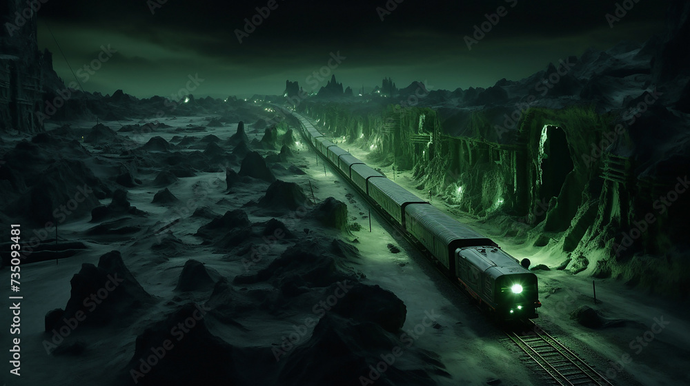 Train on the railway in heavy snow storm at night. Passenger train ...
