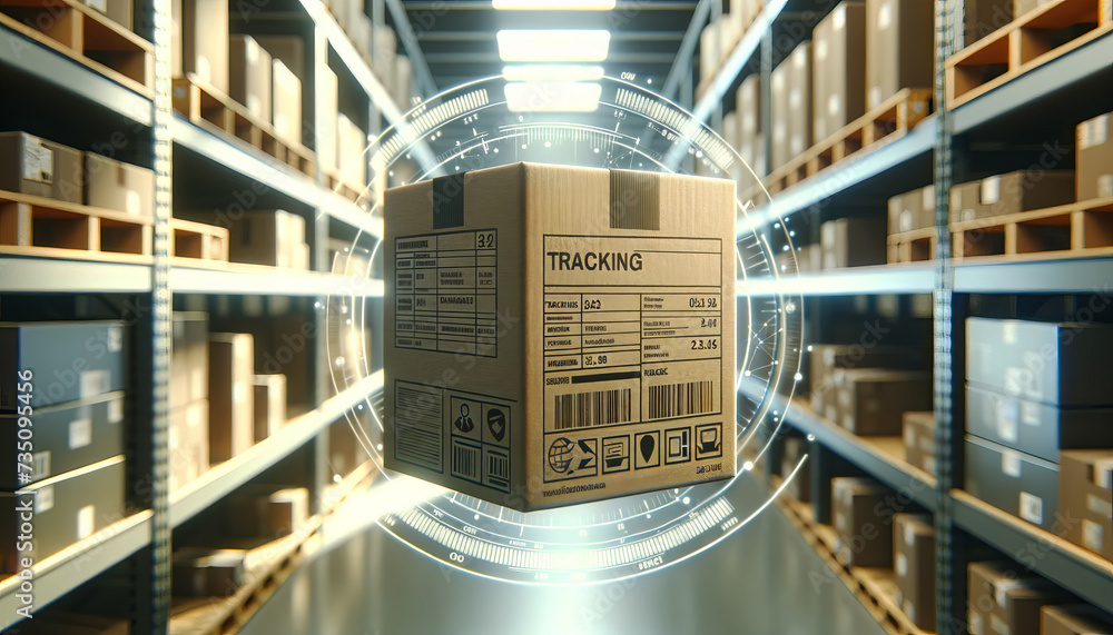 Package with Tracking Code in Warehouse. Tracked package on a virtual ...