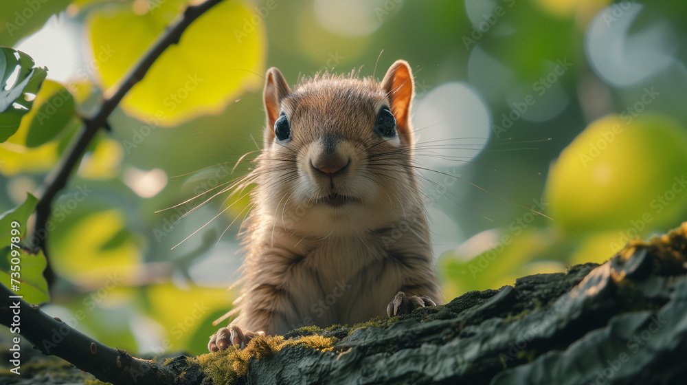 squirrel on a tree. Portrait of fox squirrel sitting on branch isolated ...