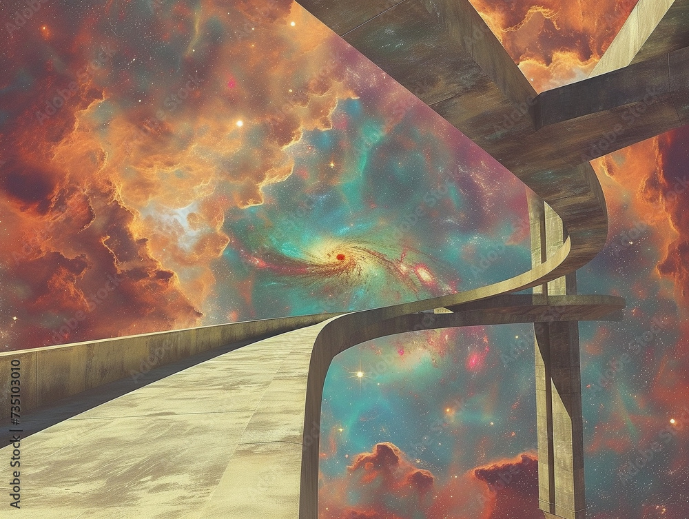 A vision of a modern metallic bridge juxtaposed with the cosmic mystery ...