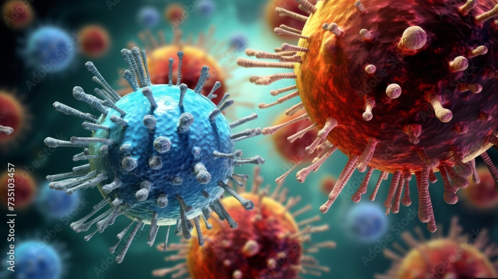 Blue and red cells of viruses, bacteria, and antibodies under a ...