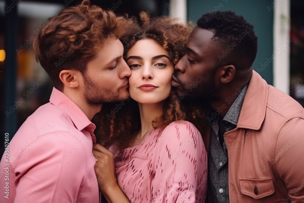 Two Men Kissing A Girl Cheek Portrait Of Two Guys Kissing A Girl Cheek Two Young Men Kissing A