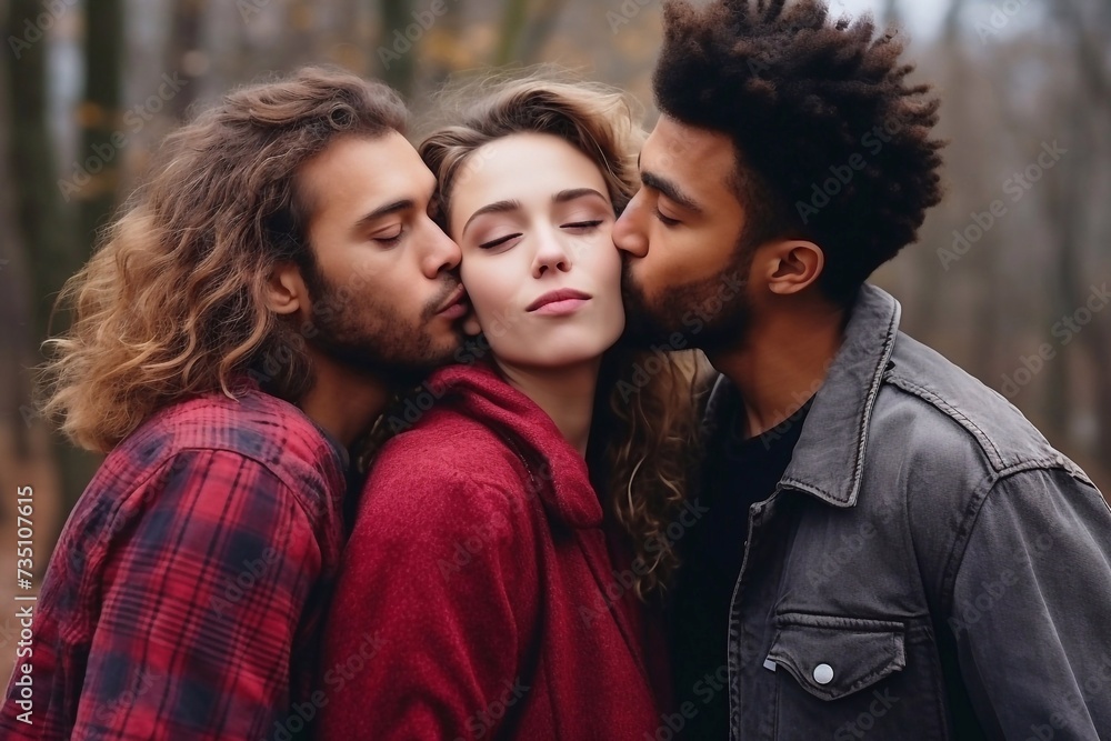 Two men kissing a girl cheek. Portrait of two guys kissing a girl cheek. Two young men kissing a ...