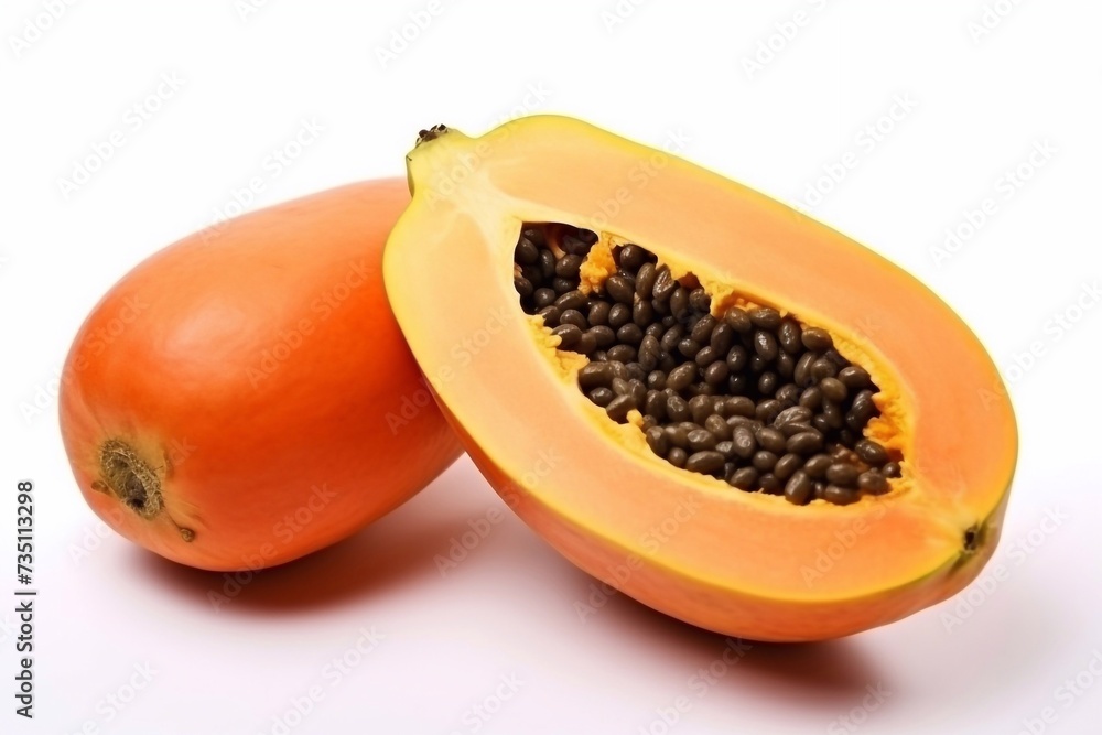 Beautiful and light background, delicious whole and half of ripe papaya ...