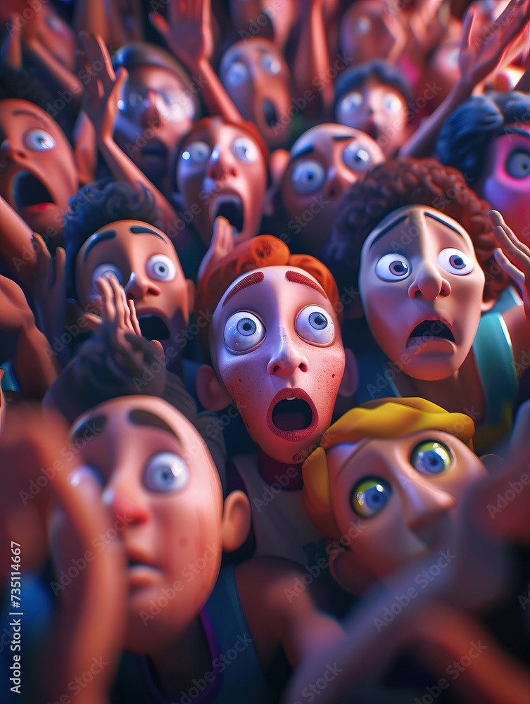 The image depicts a group of highly expressive animated characters ...
