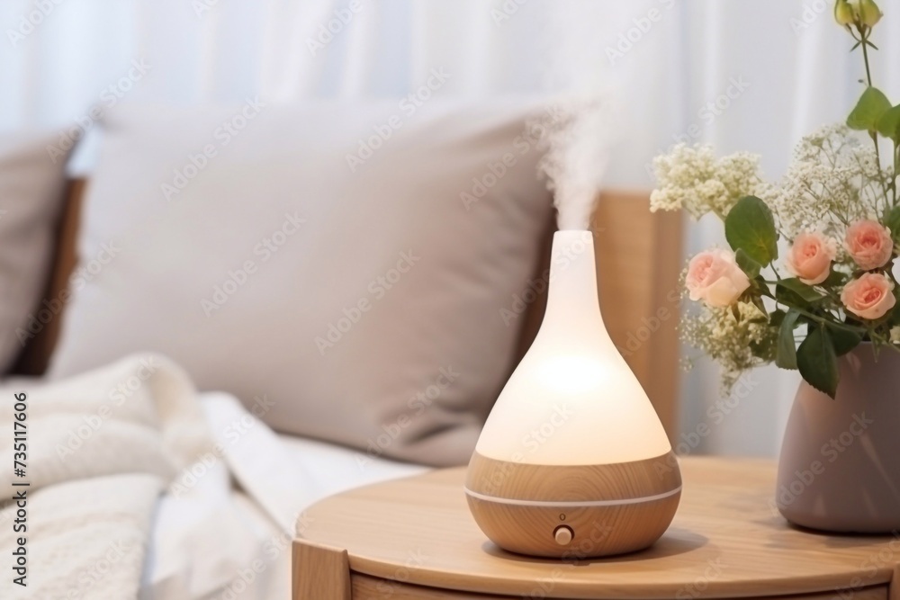 Home comfort. Clean Air. Aromatherapy Concept. Aroma oil diffuser on ...