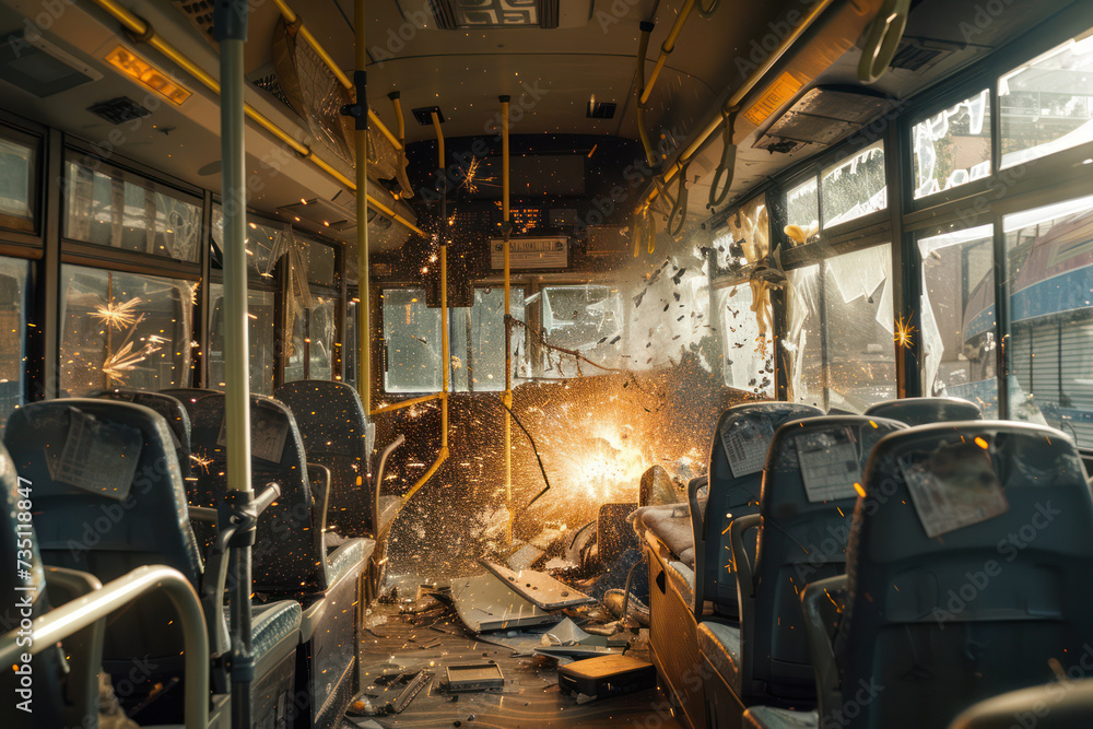 Dramatic Urban Bus Accident Scene with Shattered Glass and Golden Light ...