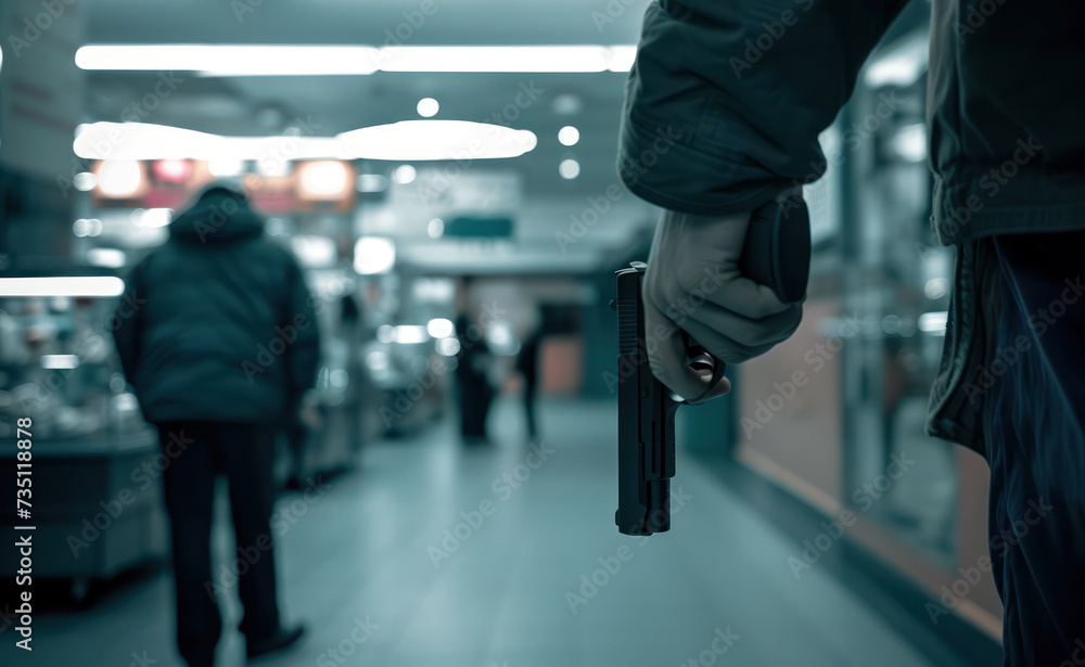 Hand with a Concealed Gun Aimed in a Public Space with Unaware People ...