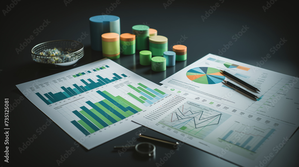 Green blue charts and graphs in a4 many pages on table top view, Ai ...