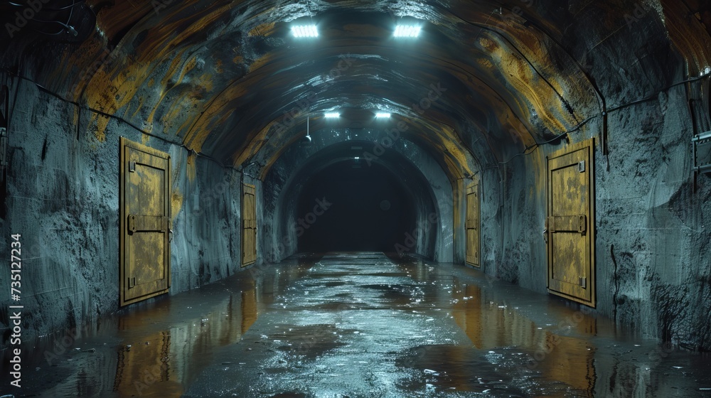 Underground tunnel with a door at the end, entrance to an underground ...