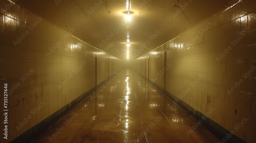 Underground tunnel with a door at the end, entrance to an underground ...