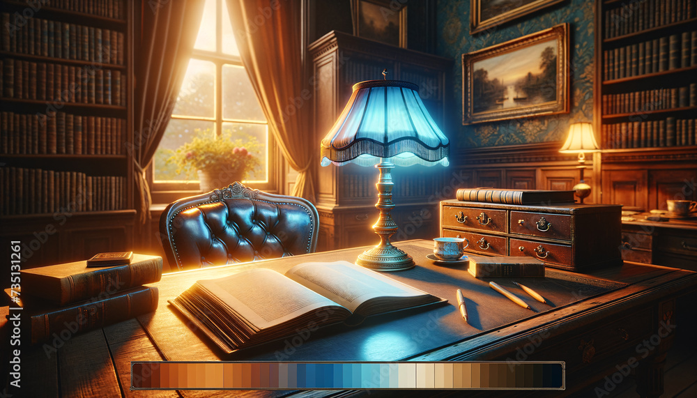 Vintage study room with blue light filtered lamp on oak desk, evoking ...