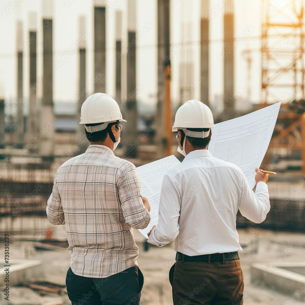 Team of professional civil engineers and architects holding project ...