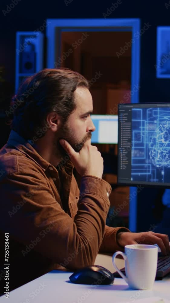 Software developer writes code on multimonitor setup PC to visualize ... Software developer writes code on multimonitor setup PC to visualize ...