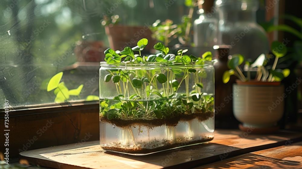 Seedlings of herbs and vegetables grown using water culture in glass ...