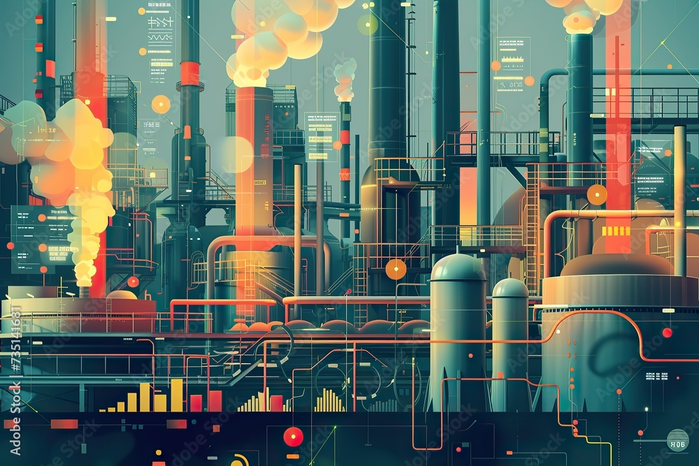 Illustration of factory and plant statistics, numbers and reports. Data ...