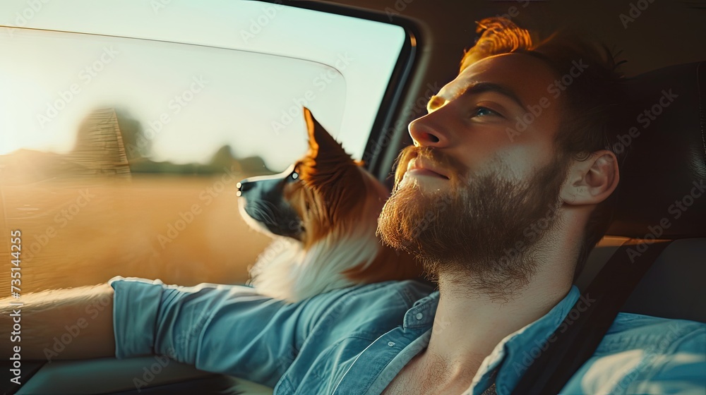 Handsome man with his dog in the car. Driving into the sunset with my ...