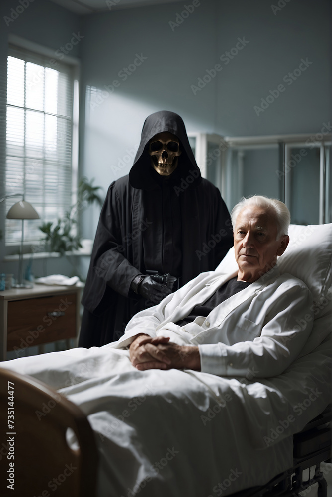 Senior patient lying on bed and grim reaper waiting. Concept of death ...