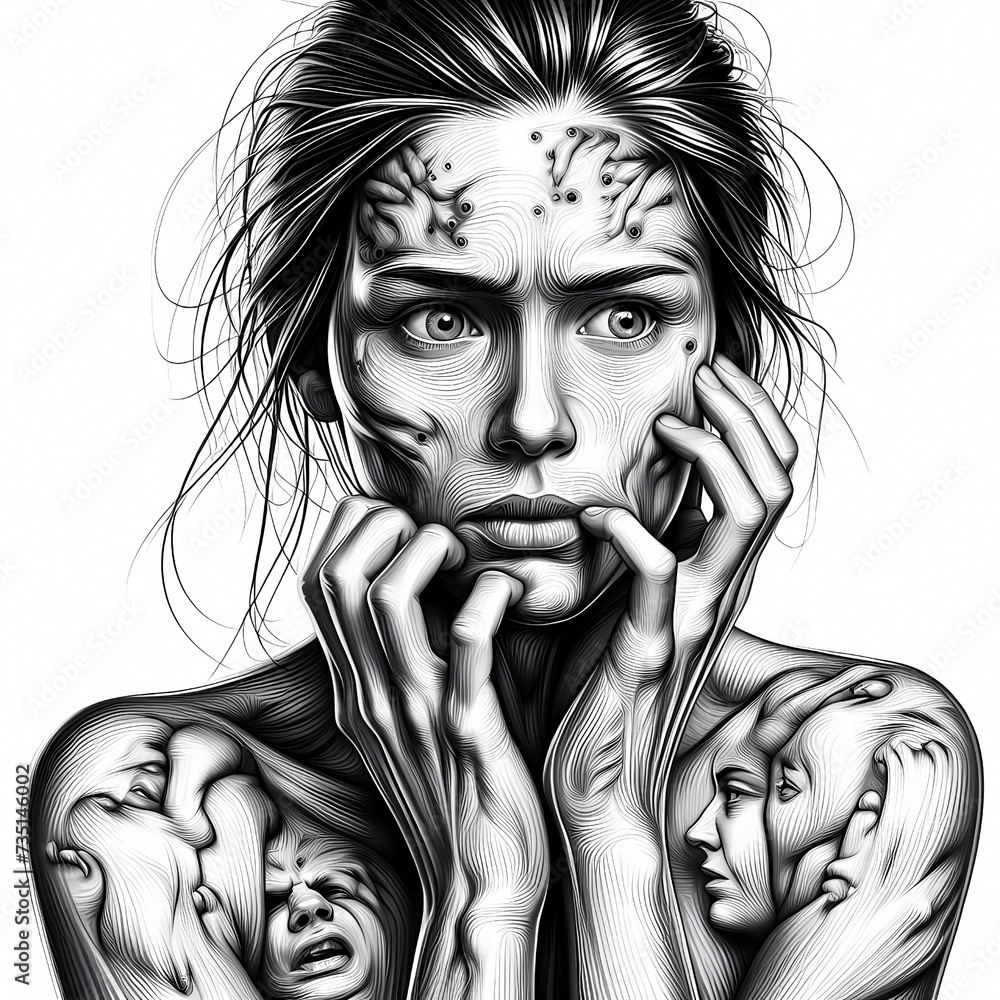 mujer, cara, administrar, beldad, arte, negro, bocetos, cabello, vector ...