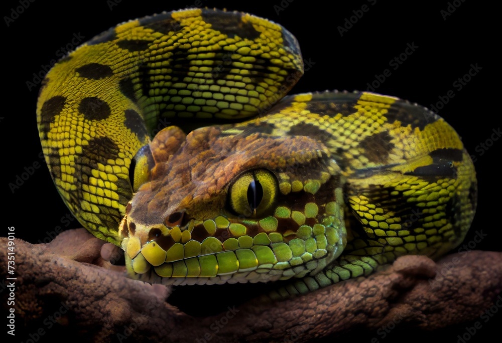 Brown spotted green pitviper or pit viper, moving towards camera. High ...