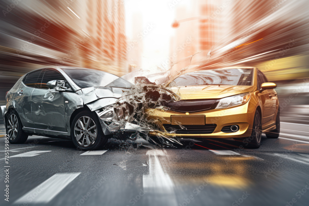 Cars crashing on a city street. Traffic collision amid urban chaos ...