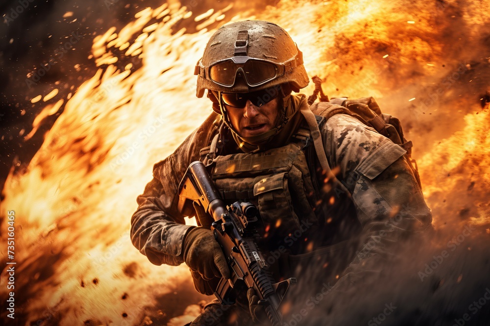 Resilient Military soldier in fire splashes. Warrior assault in flames ...