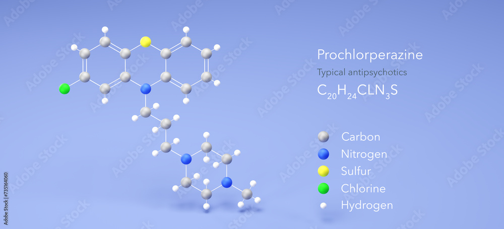 prochlorperazine molecule, molecular structures, compazine, 3d model ...