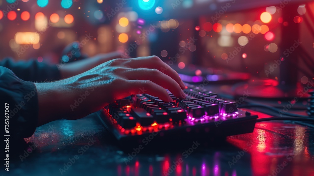 Close-up of a gamer's hand pressing keys on a backlit mechanical ...