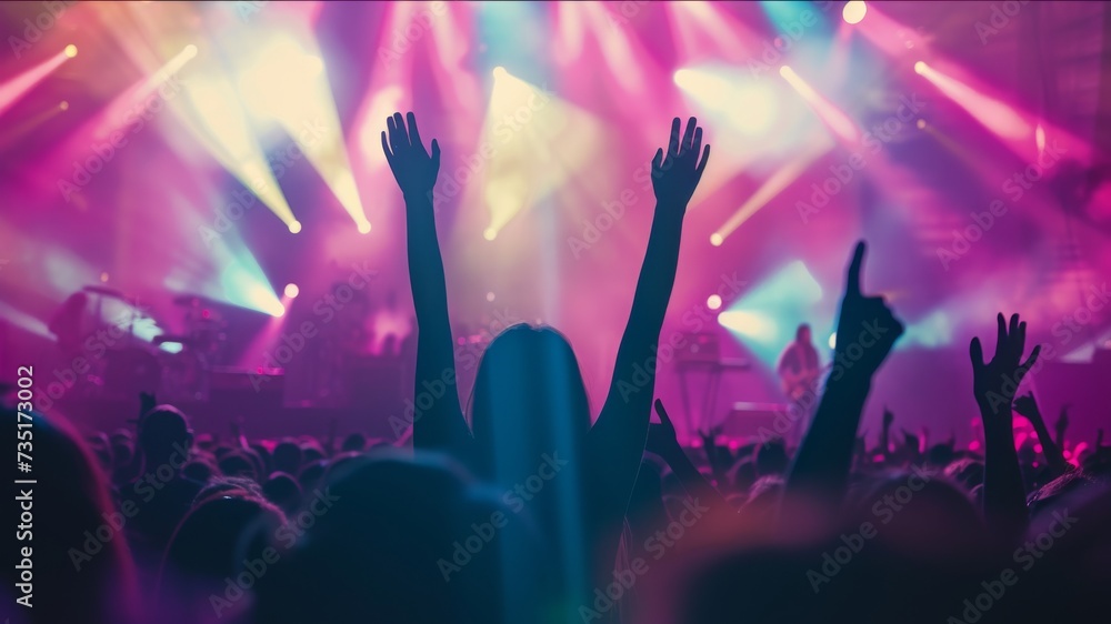 Fun music concert. Popular band star sing song. Happy fans people enjoy ...